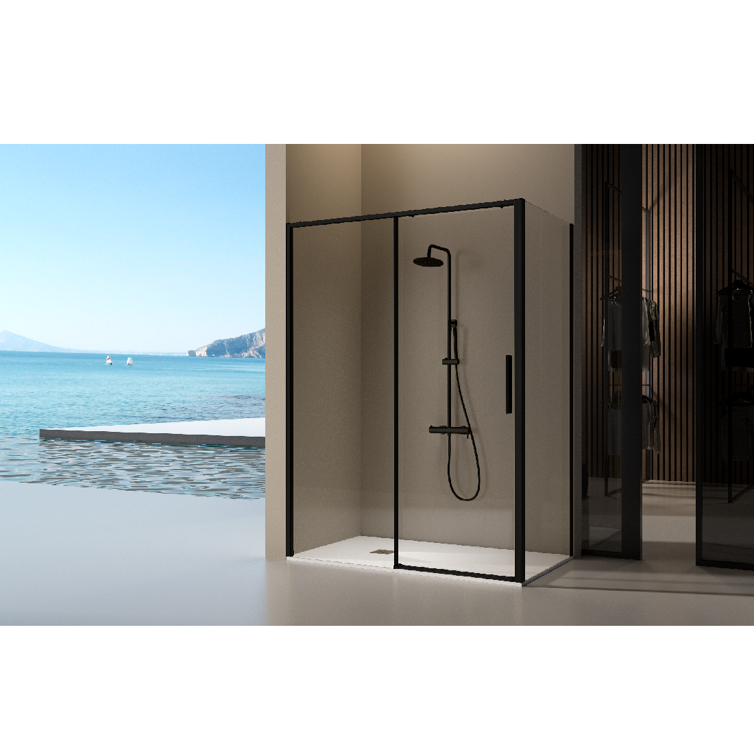 Paroi de douche fixe + porte coulissante DELTA noir mat – Le Monde du Bain
